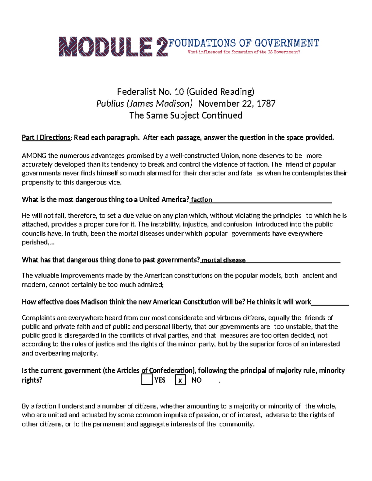 A2.04.1 Federalist No. 10 Guided Reading Questions and Answers - Studocu