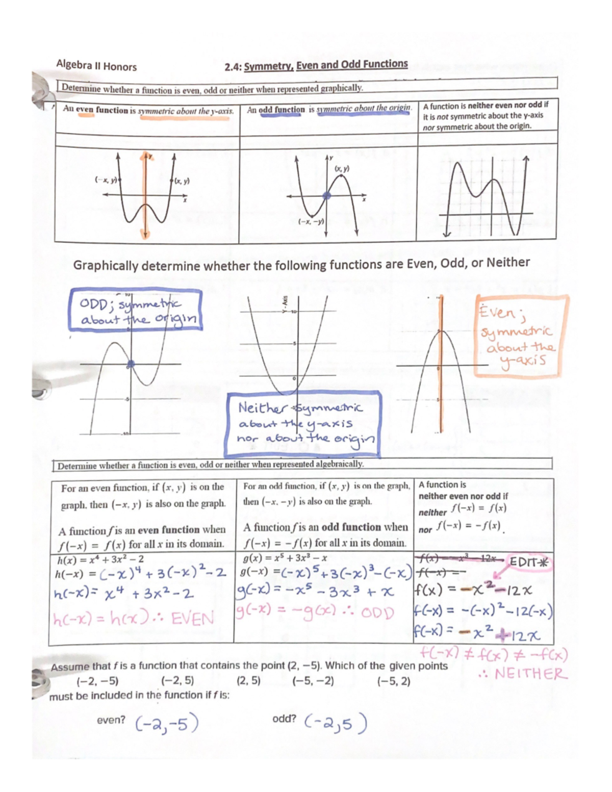 Alg2+2 - Algebra 2 Homework: Even, Odd, and Neither Functions - Studocu