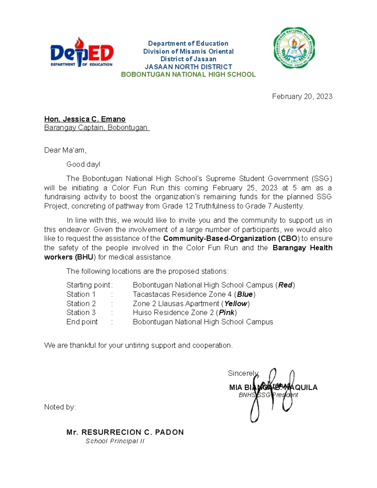 Barangay Council Letter: SSG Color Fun Run Invitation Sample - Studocu
