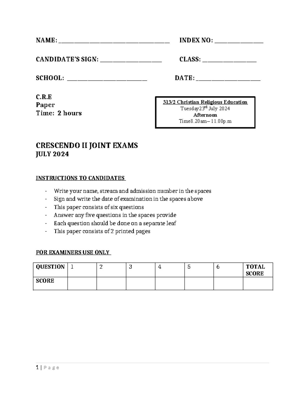 C.R.E Paper 2: Joint Exam Revision Notes - July 2024 - Studocu