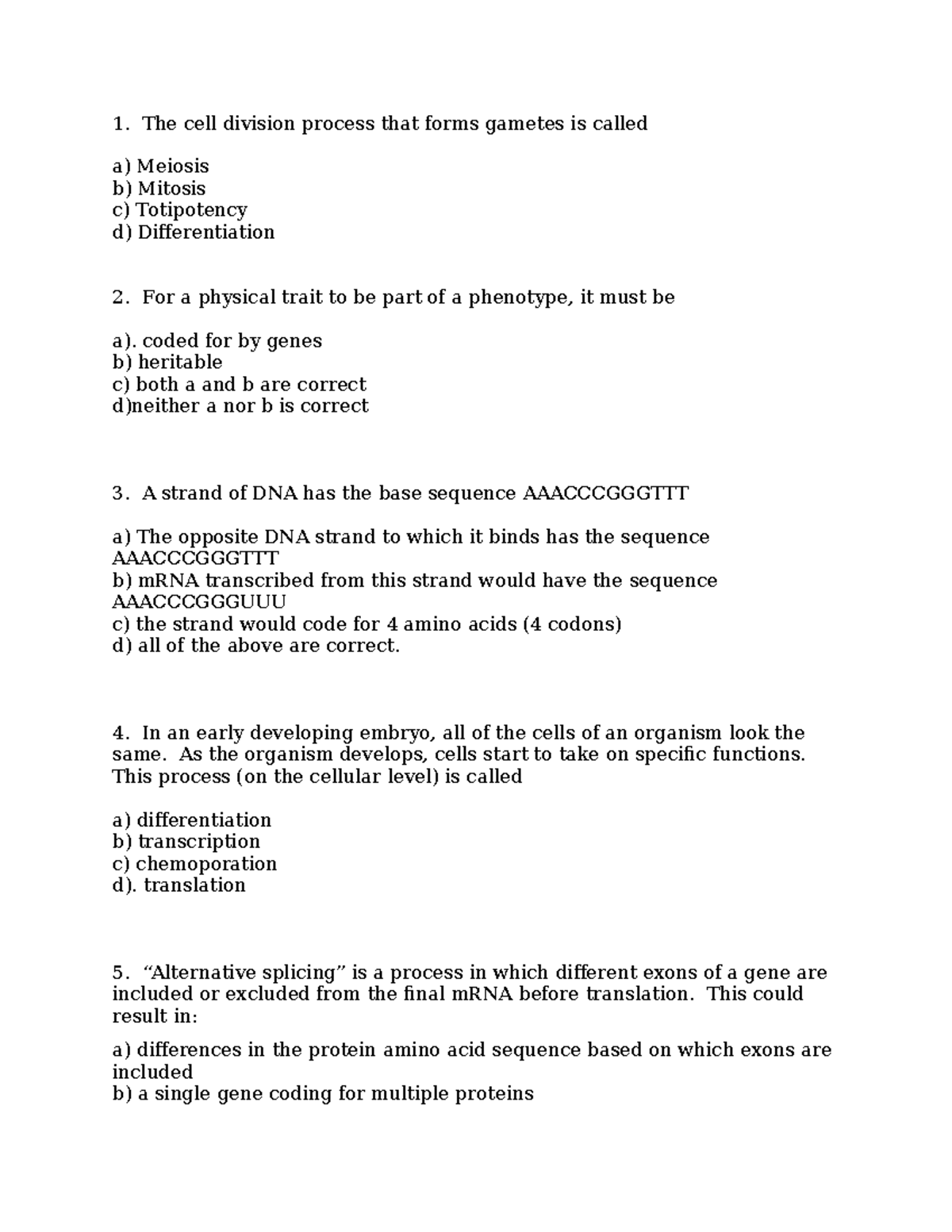 Genetics and Molecular Biology Quiz Questions (BIO 101) - Studocu