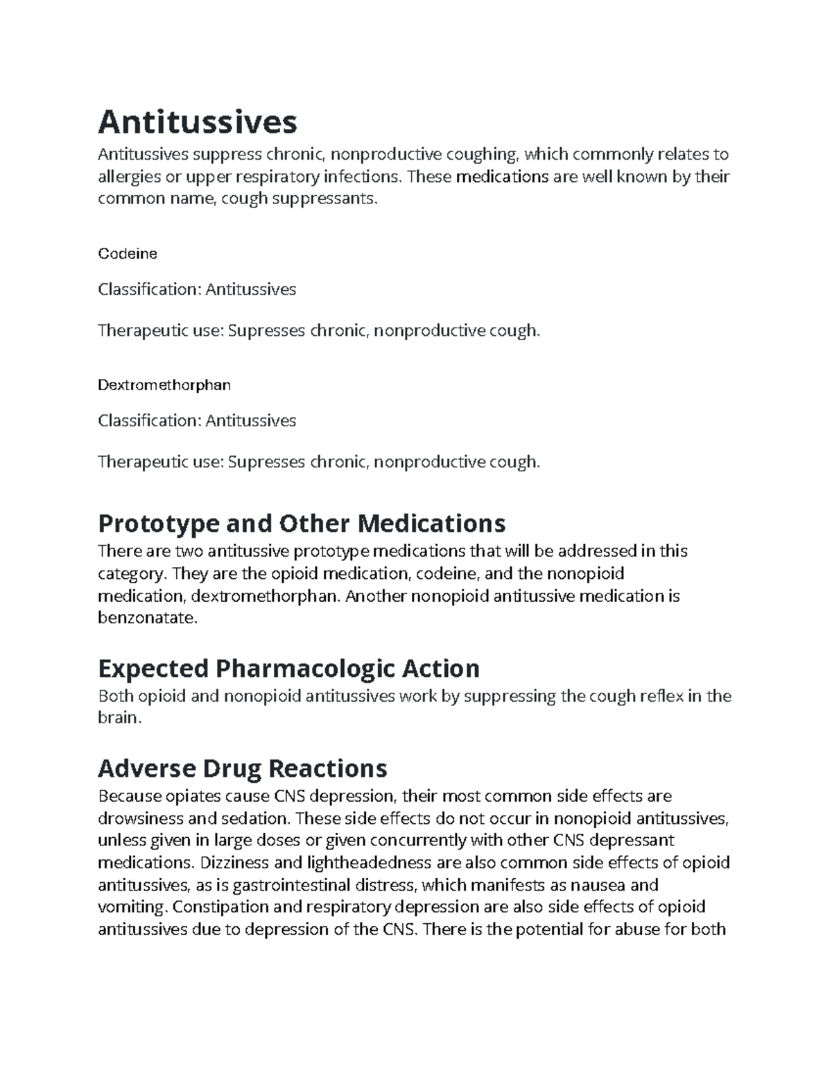 Antitussives: Overview and Patient Care Guidelines - Studocu