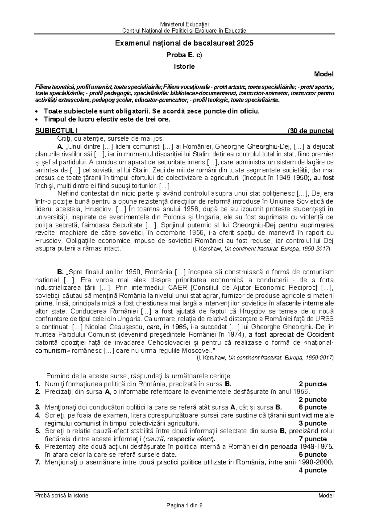 Model BAC Istorie 2025 - Proba E. c) - Filiera Teoretică și Vocațională ...