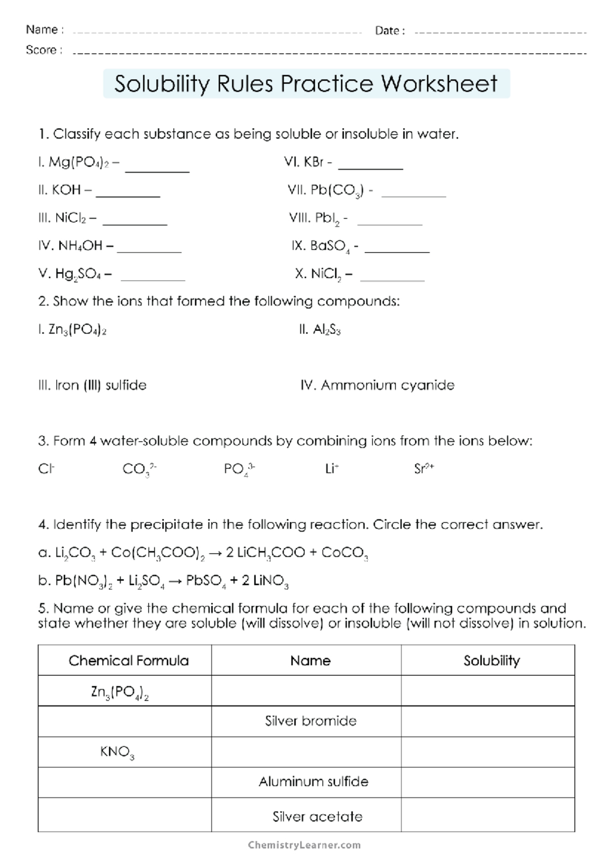 Solubility Rules Practice Worksheet for Chemistry 101 - Studocu