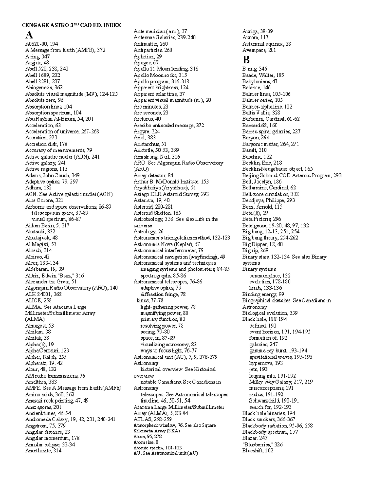 PHY2390 CENGAGE ASTRO 3RD CAD ED. INDEX A - Z - Studocu