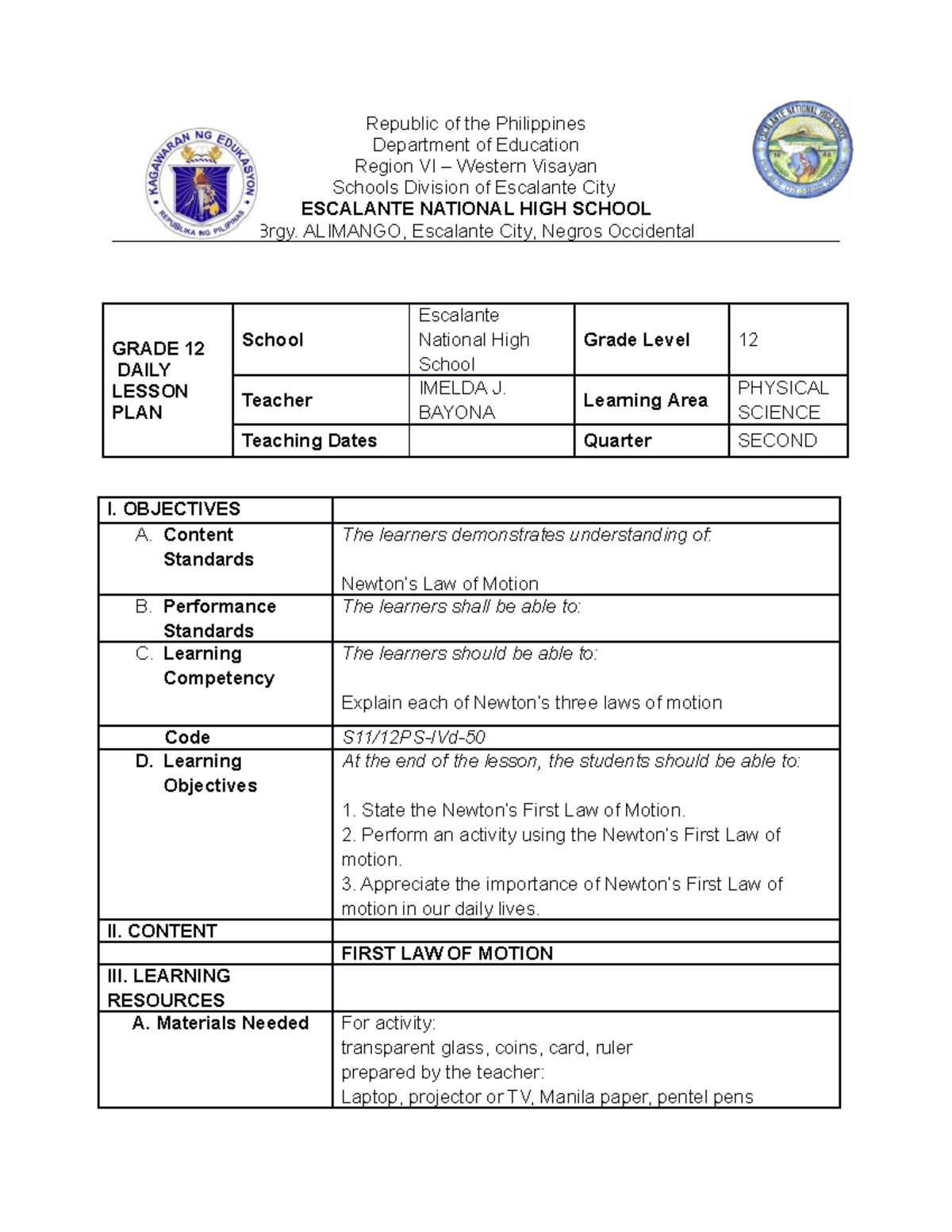 434246333 Detailed Lesson Plan: Newton's Laws in Physical Science - Studocu