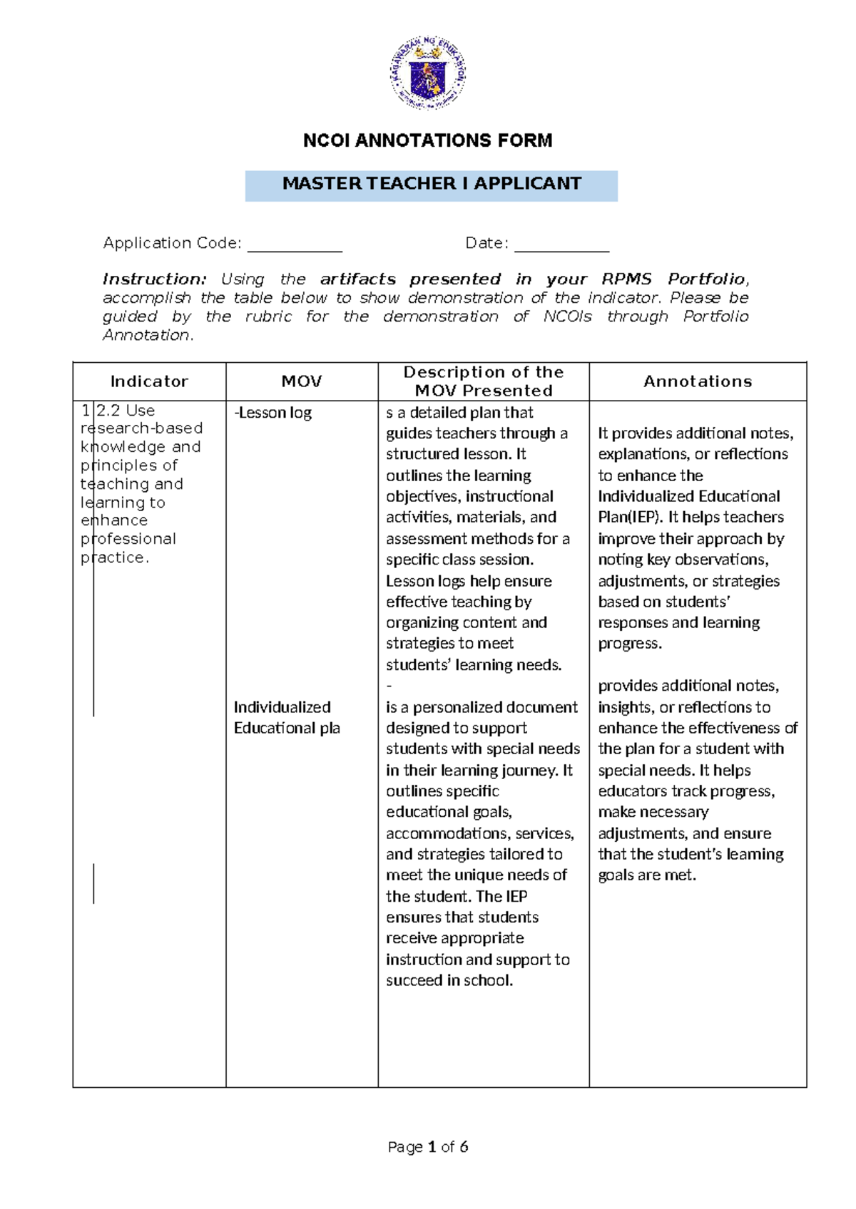 MTI-NCOI Annotations Form for Master Teacher I Applicant - Studocu