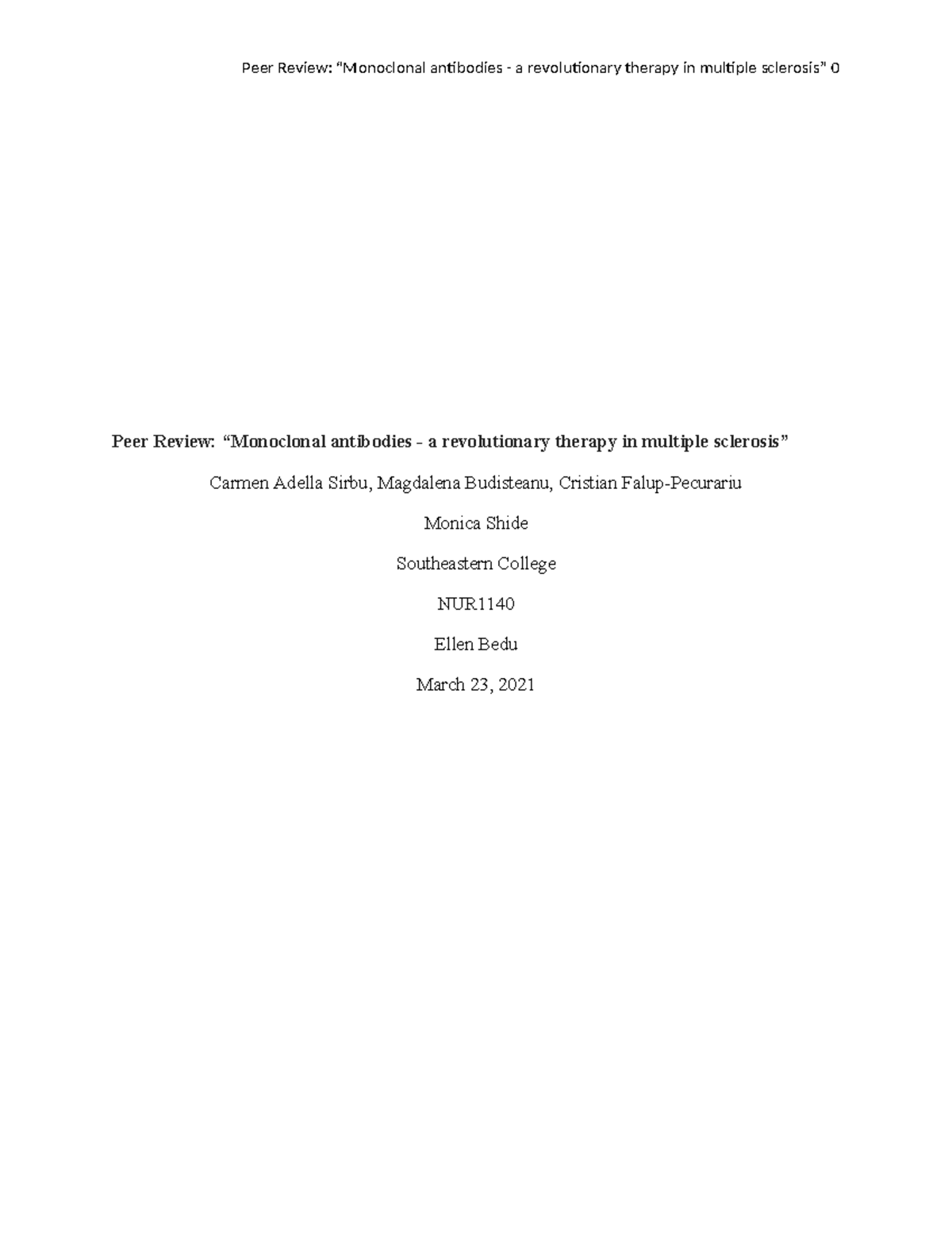 Peer Review: Monoclonal Antibodies as Therapy in MS (NUR1140) - Studocu
