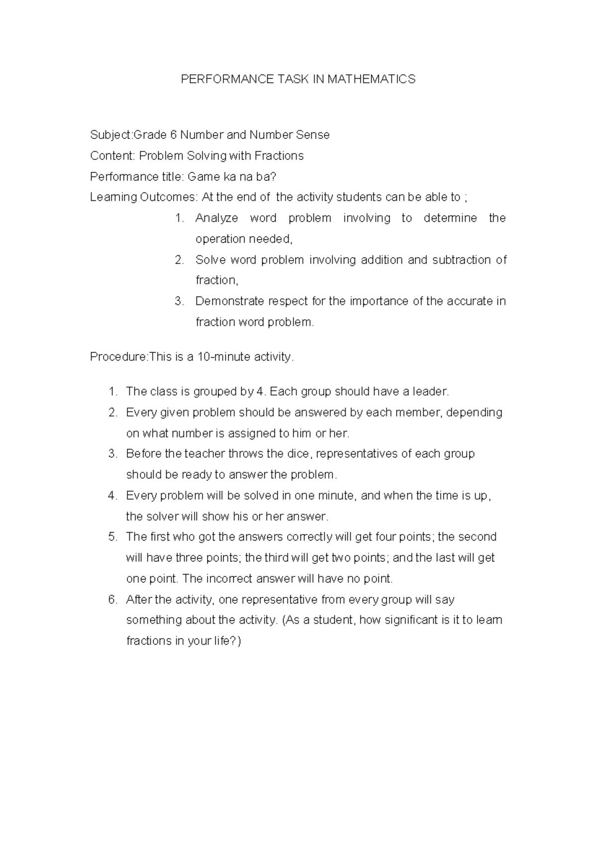 Performance TASK IN Mathematics - PERFORMANCE TASK IN MATHEMATICS ...