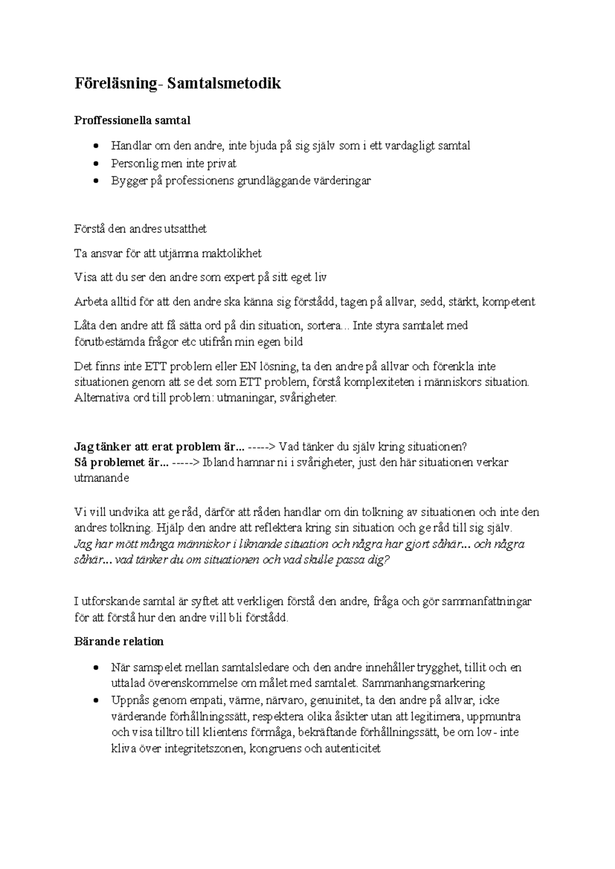 Samtalsmetodik: Professionella Samtal och Kommunikationstekniker - Studocu