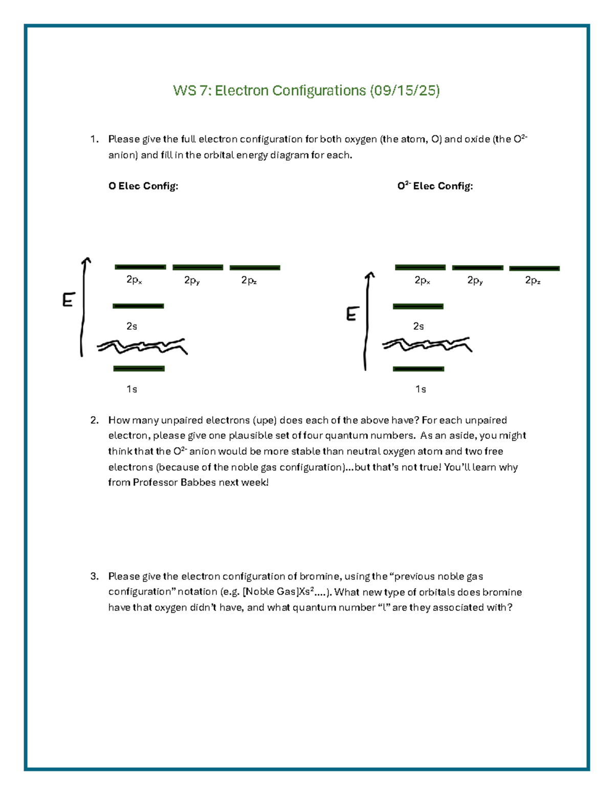 Worksheet 7 F25 Chem 14: Electron Configurations & Quantum Numbers - Studocu