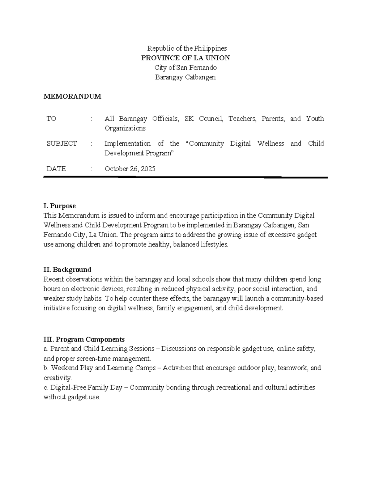 Memo on Digital Wellness & Child Development Program Implementation ...