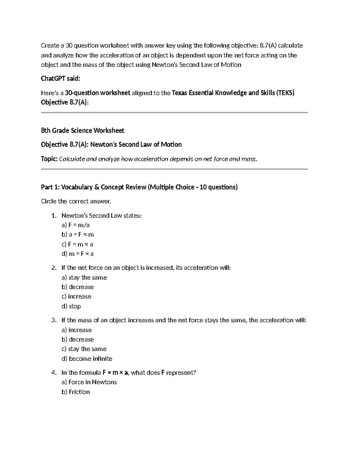 8th Grade Science: 30-Question Worksheet on Newton's 2nd Law (TEKS 8.7A ...