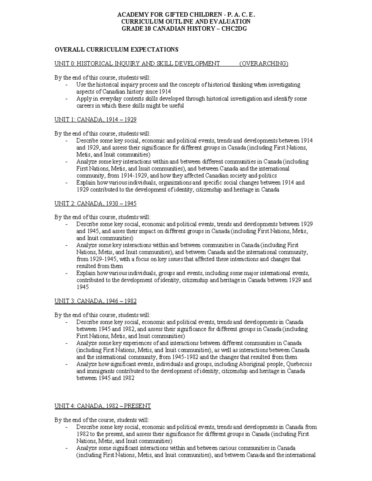 Grade 10 Canadian History CHC2DG Curriculum Outline & Evaluation - Studocu