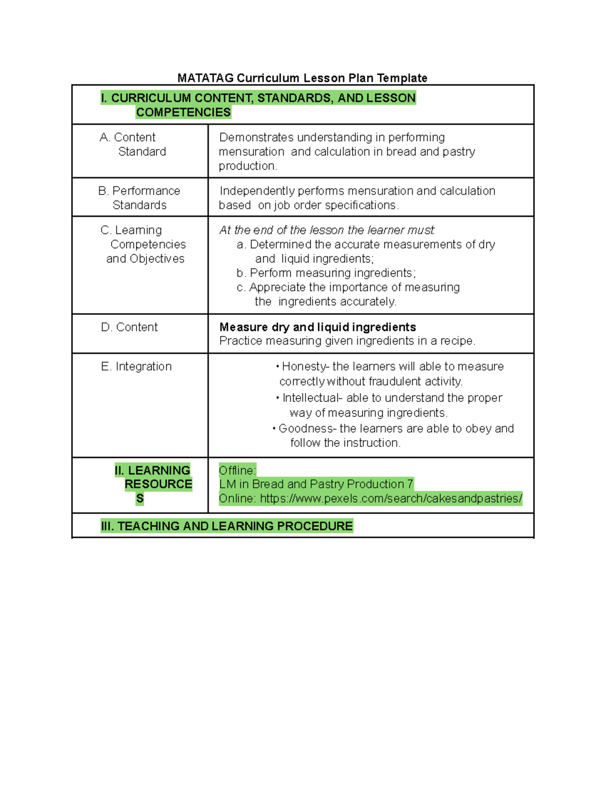 MATATAG Curriculum Lesson Plan: Measuring Ingredients in Baking - Studocu