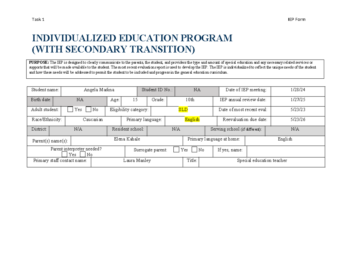 Angela Medina IEP - INDIVIDUALIZED EDUCATION PROGRAM (WITH SECONDARY ...