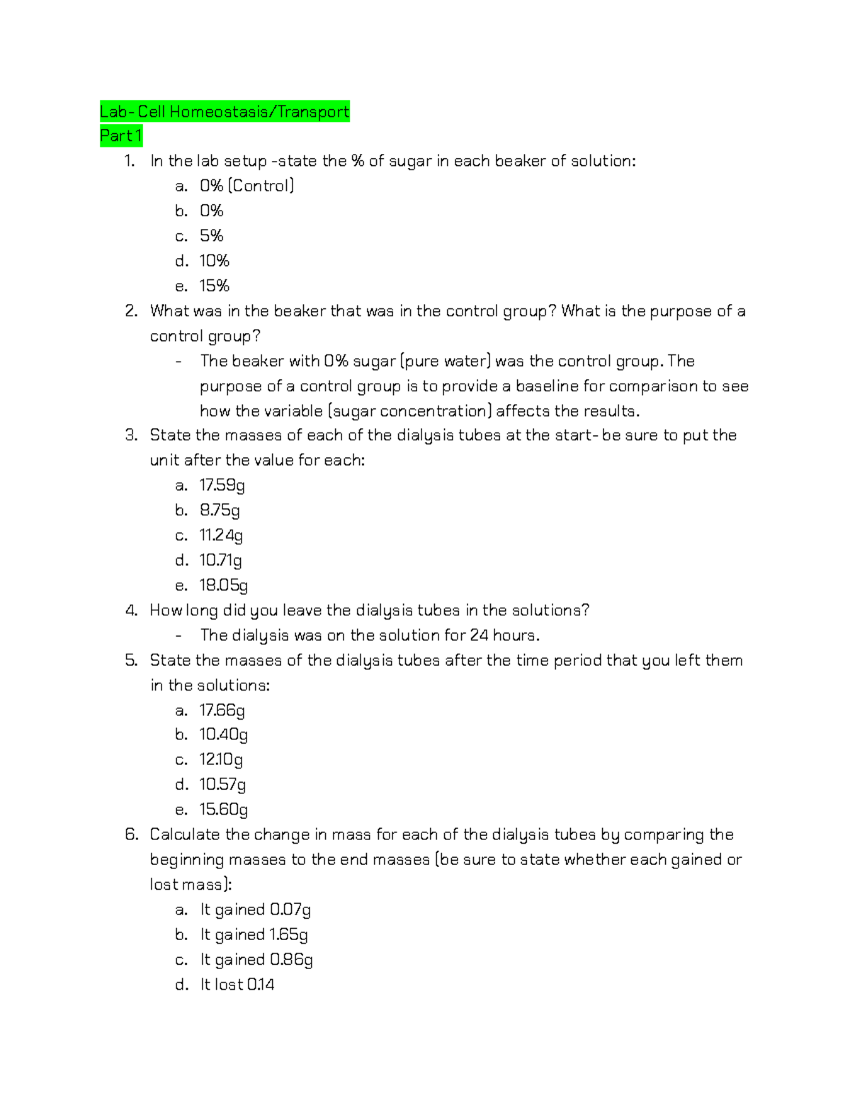 Cell Homeostasis and Transport Lab (BIO101) Analysis and Results - Studocu