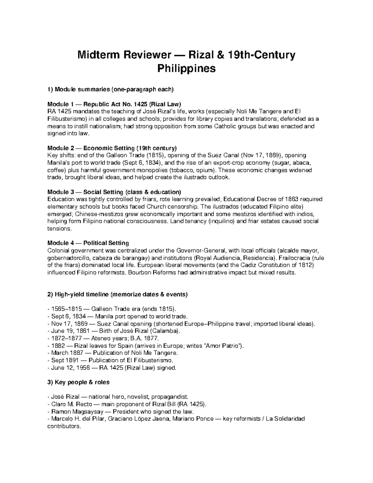 Midterm Reviewer PHIL 1: José Rizal's Life & Works Summary - Studocu