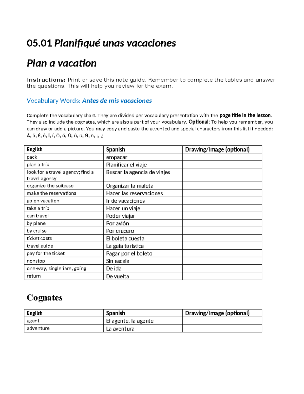 05 01 Notes - Spanish 2 (FLVS) Vacation Planning Guide - Studocu