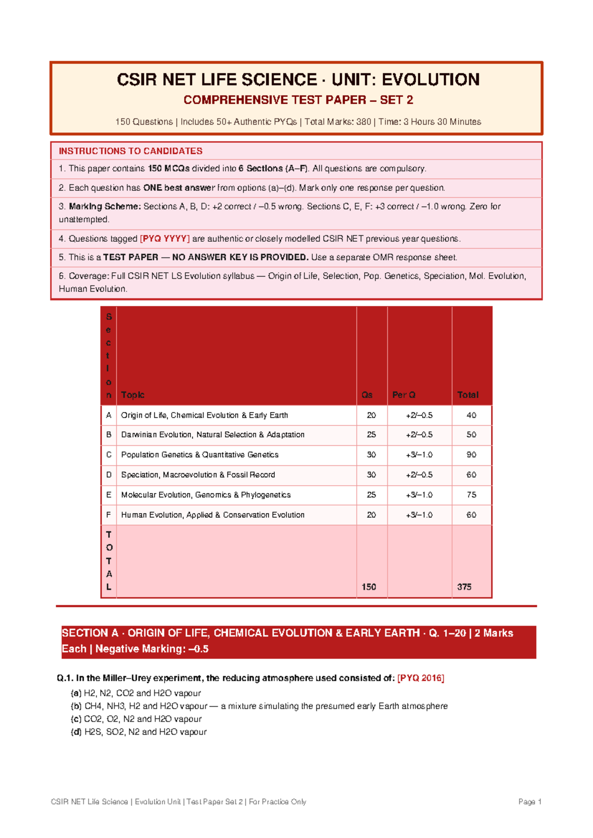 CSIR NET Life Science Evolution Unit: Comprehensive Test Paper Set 2 ...