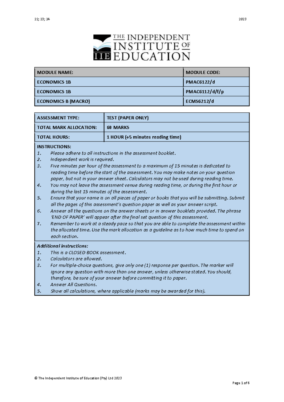PMAC6122 - Past Papers for Economics 1B (TEST) - Studocu