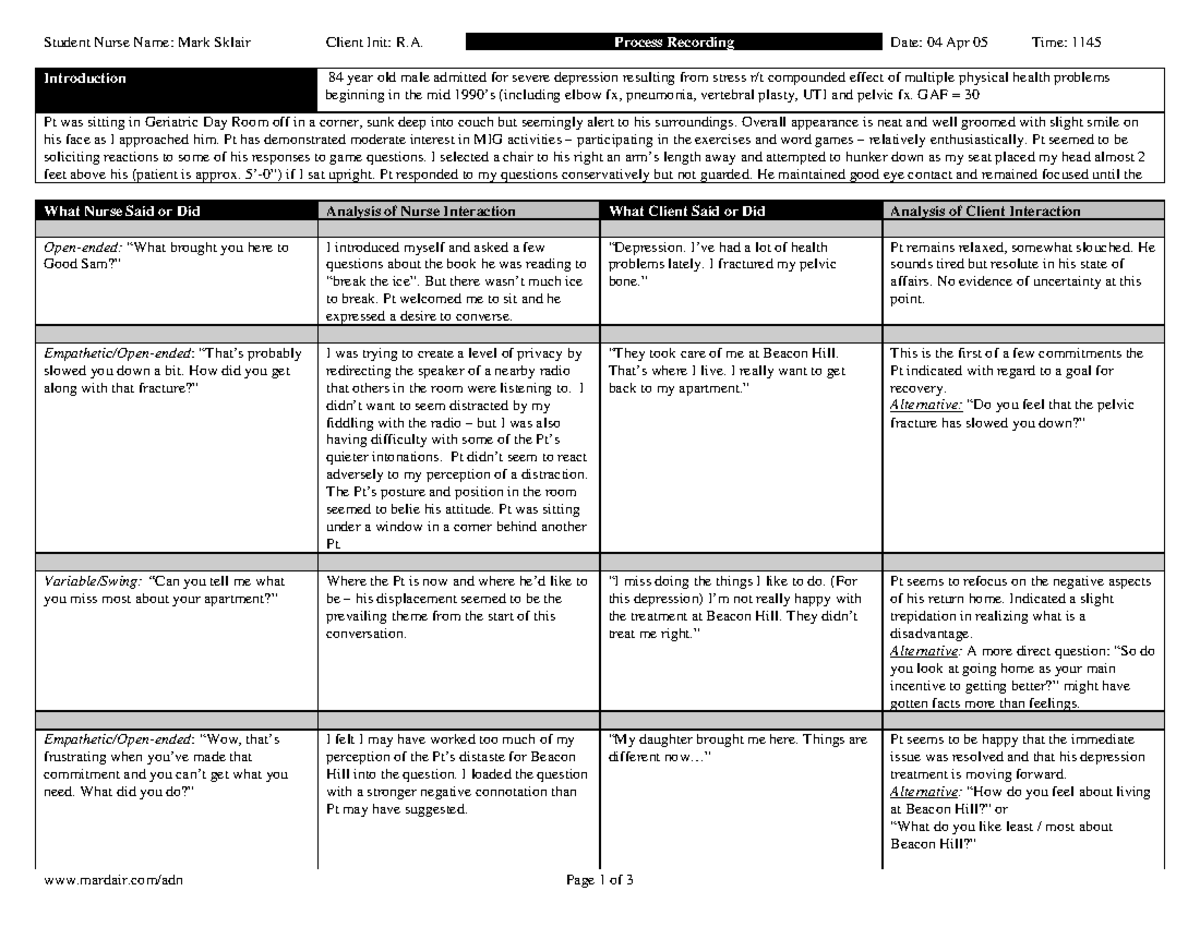 NUR 302 Process Recording: Client Interaction in Depression Care - Studocu