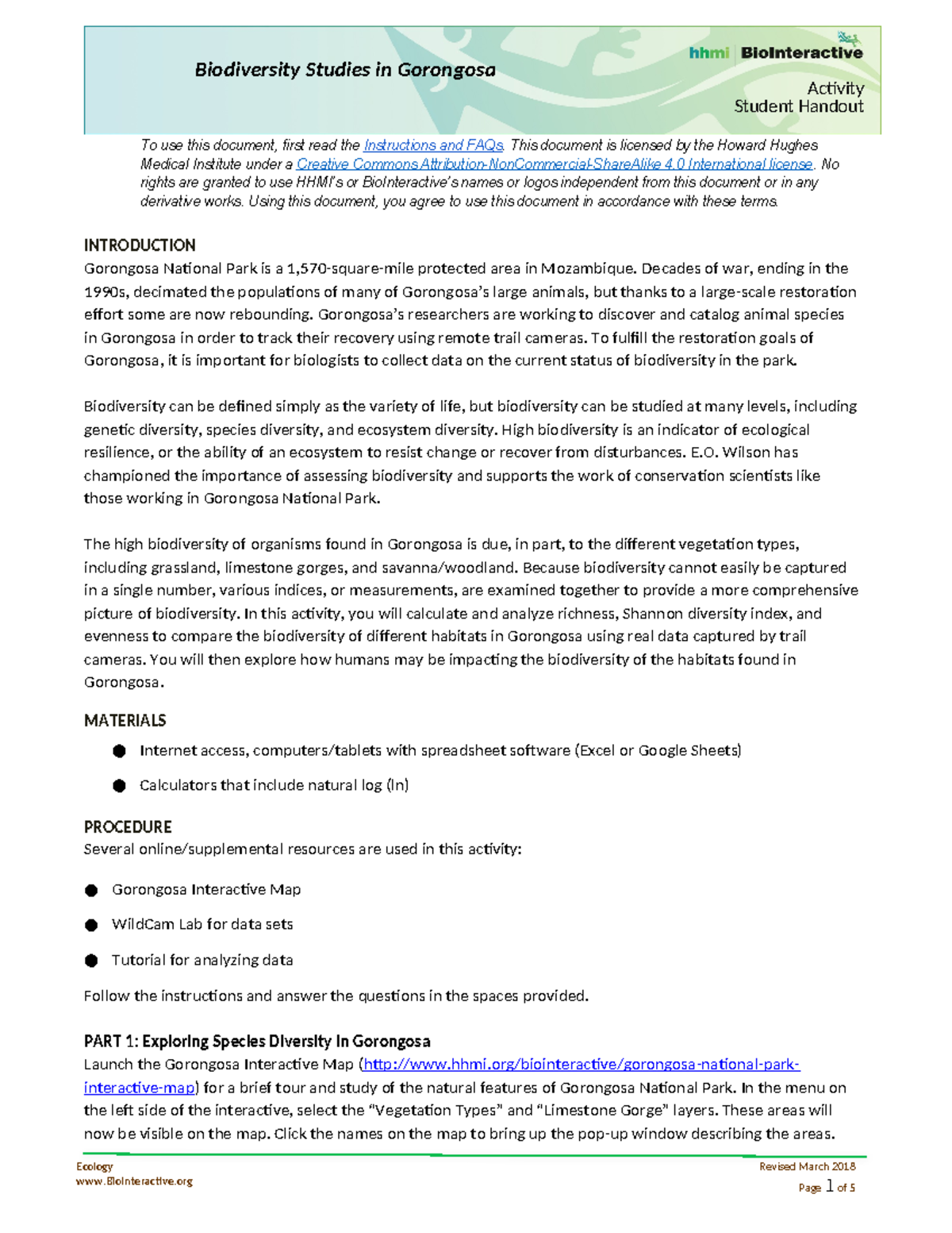 Student Handout - free - Activity Student Handout Biodiversity Studies ...