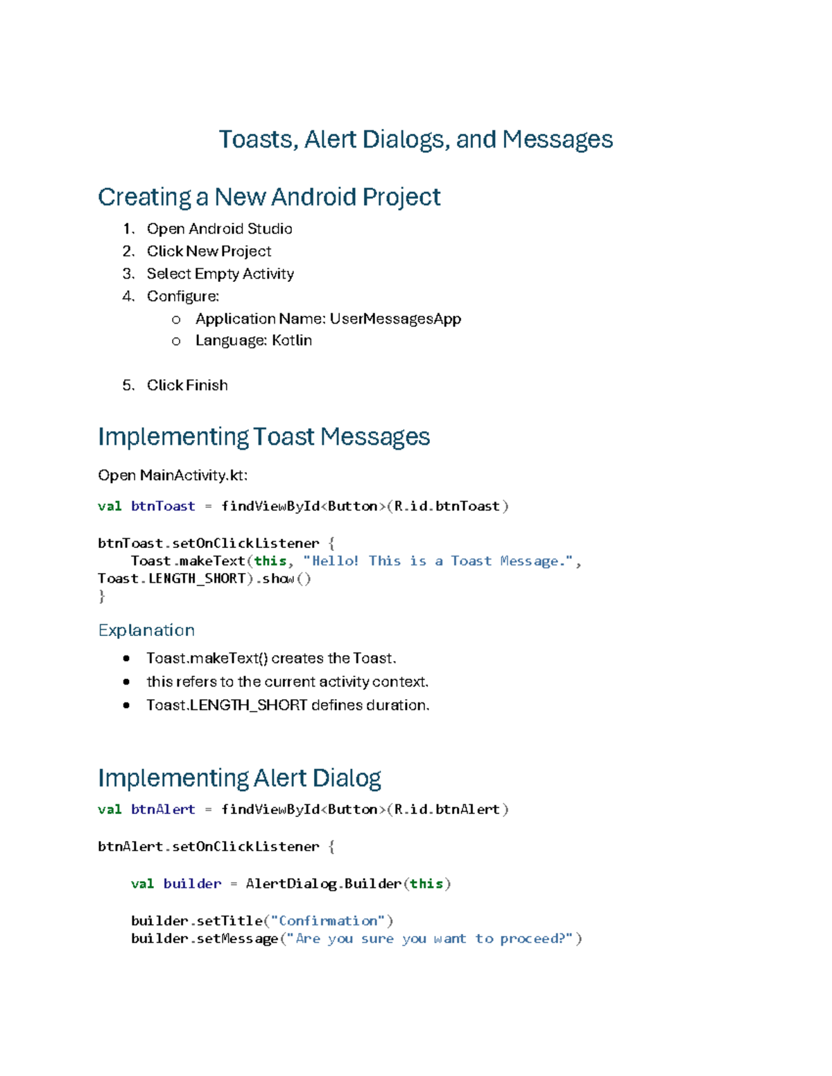 Android User Notifications Lab: Toasts & Alert Dialogs Implementation ...