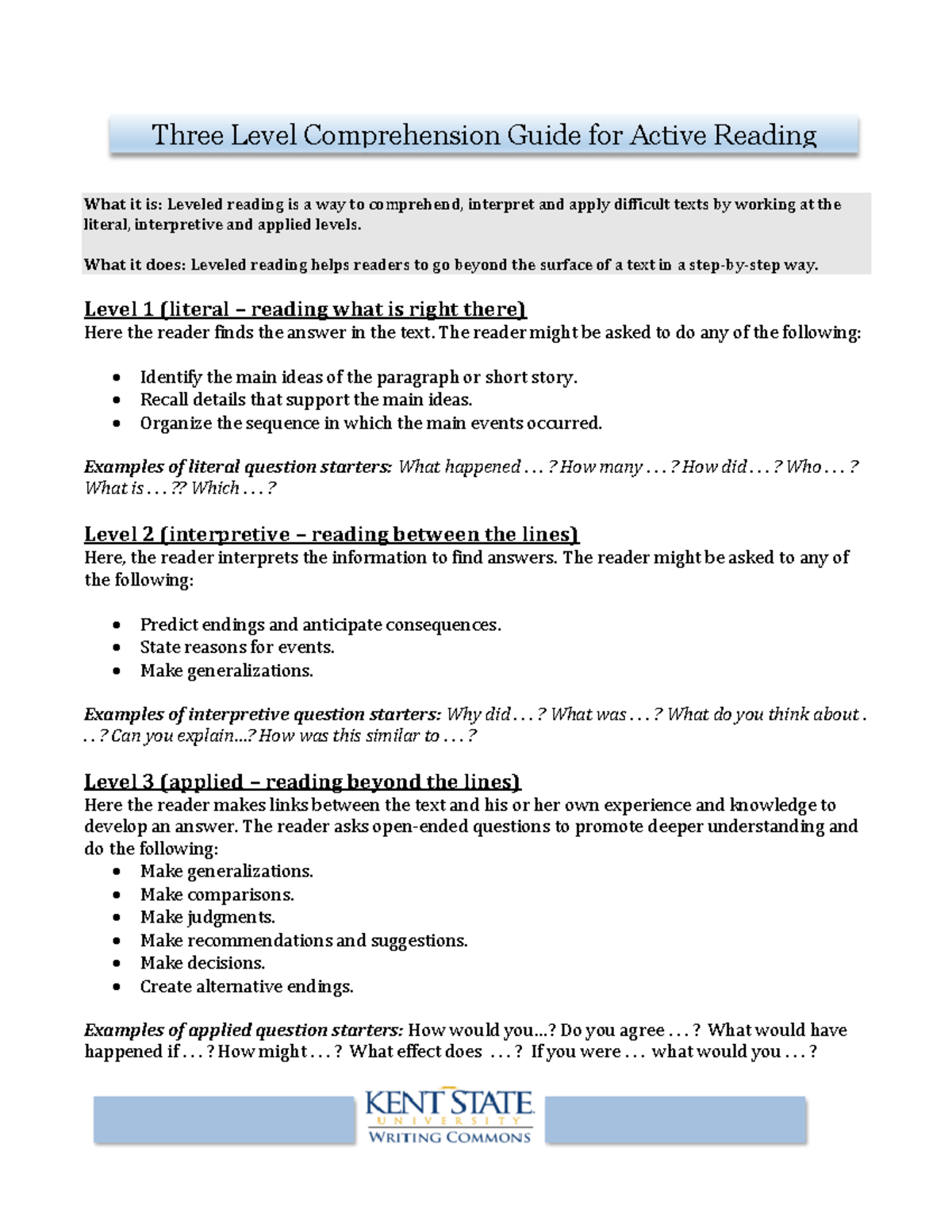 Three Level Comprehension Guide for Active Reading - What it does ...