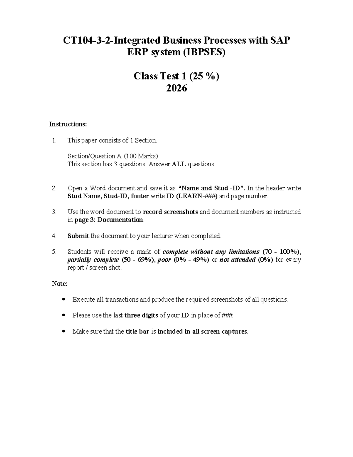 Business Processes in SAP ERP (IBPSES) Class Test 1 Guide - Studocu