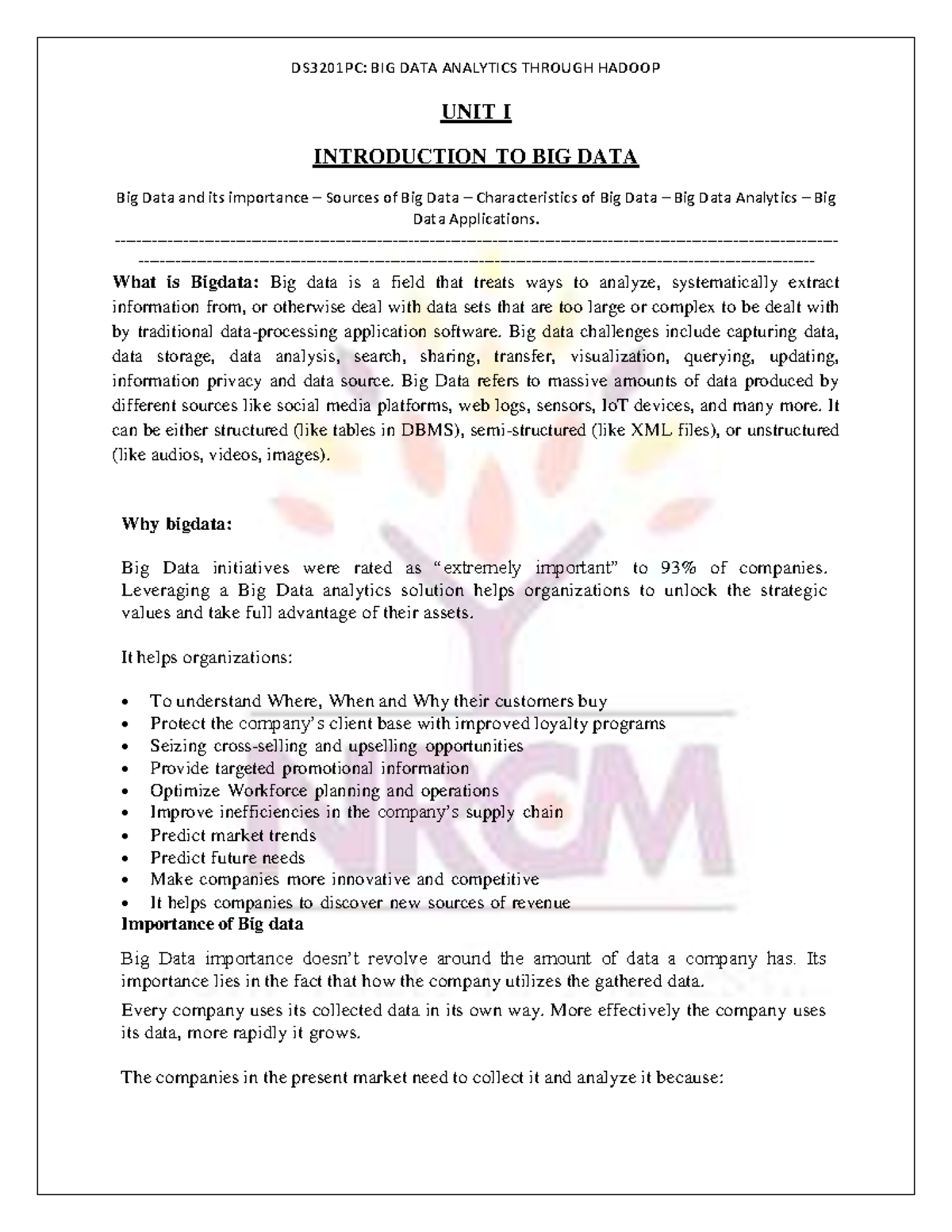 BDH Lecture Notes - big - UNIT I INTRODUCTION TO BIG DATA Big Data and ...