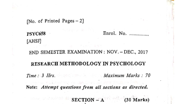PSYC658 & PSYC617 End Semester Exam Papers: Research Methodology ...