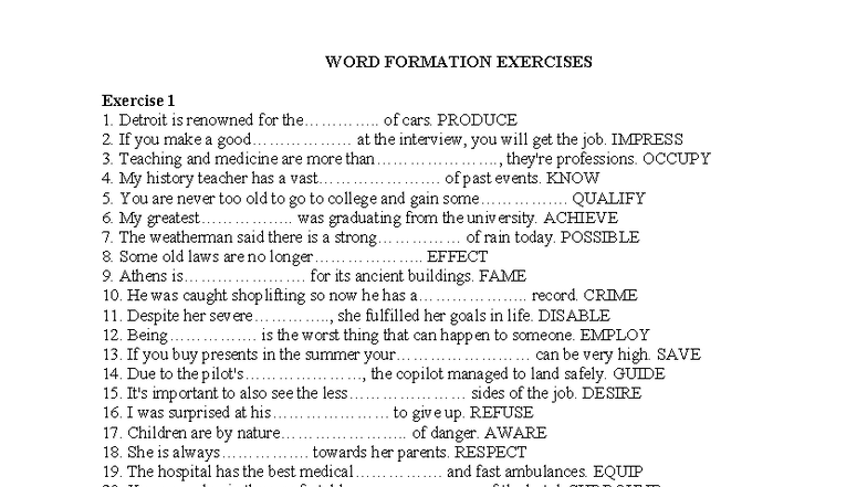 WORD FORMATION EXERCISES (ENG 101) - Practice & Key Answers - Studocu