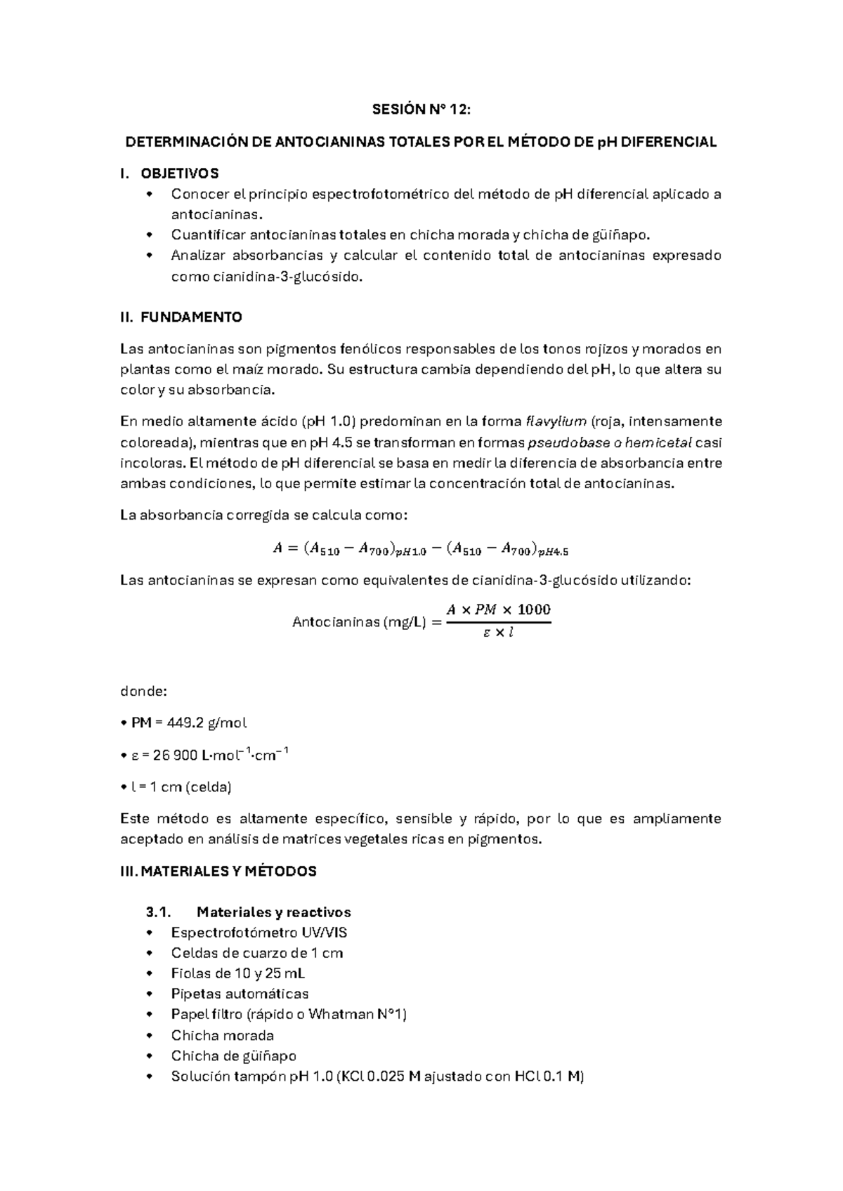 SESIÓN 12: DETERMINACIÓN DE ANTOCIANINAS TOTALES POR pH DIFERENCIAL ...