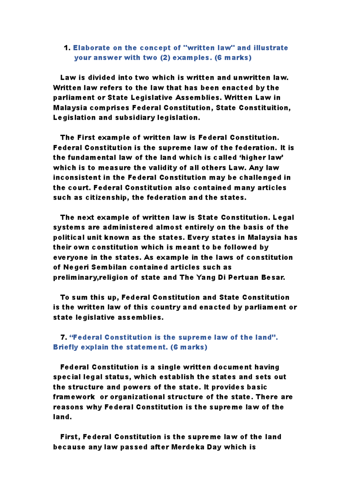 Law 033 exercise - good - Elaborate on the concept of "written law" and ...