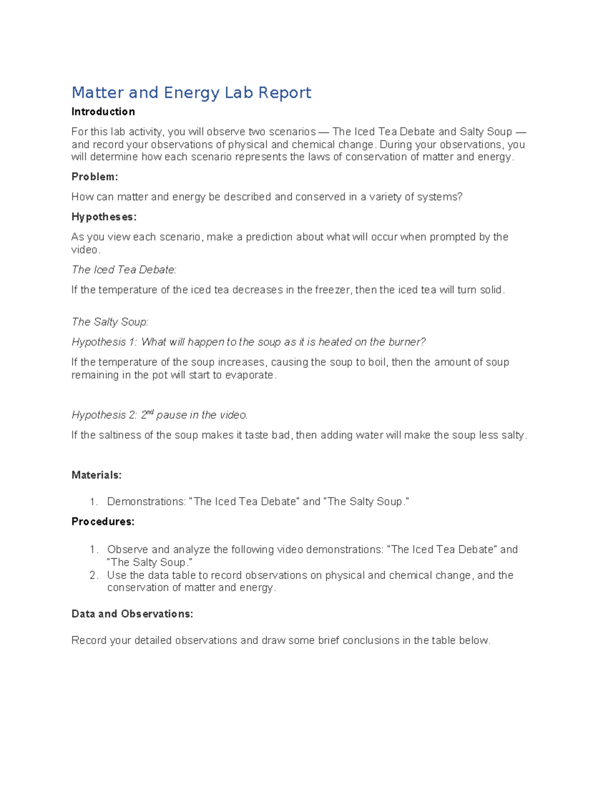 Nathan Forbes matter energy lab report - Matter and Energy Lab Report ...