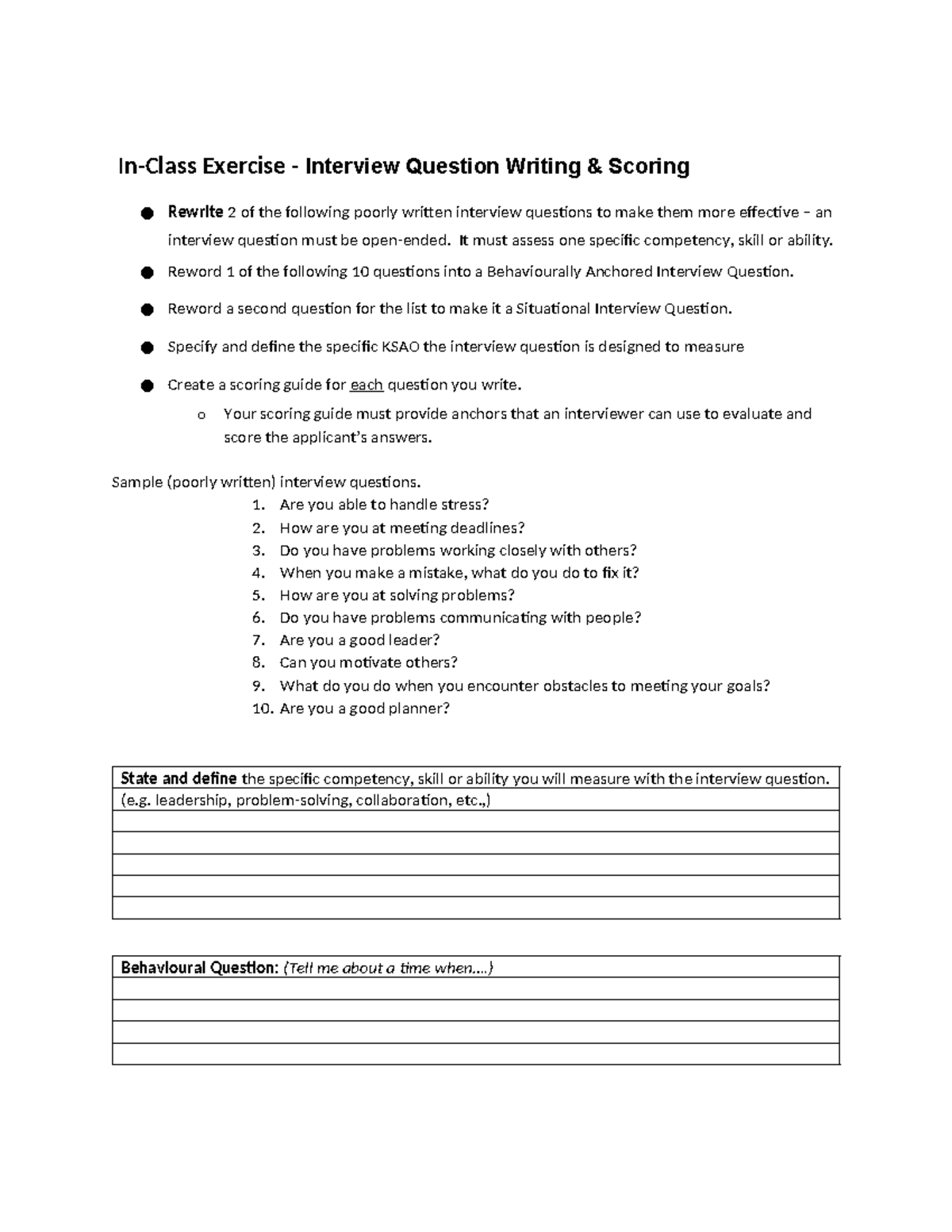 Interview Question Writing Exercise: Scoring & Rewording Techniques - Studocu