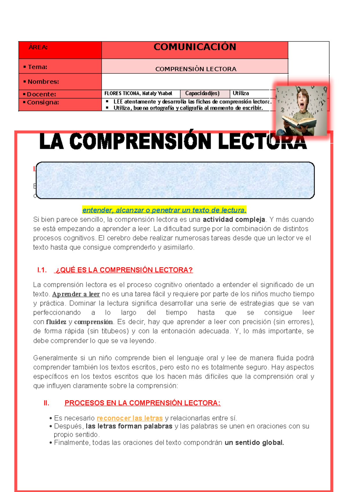 TEMA Comprensión Lectora 4 Rodrigo - ÁREA: COMUNICACIÓN Tema ...