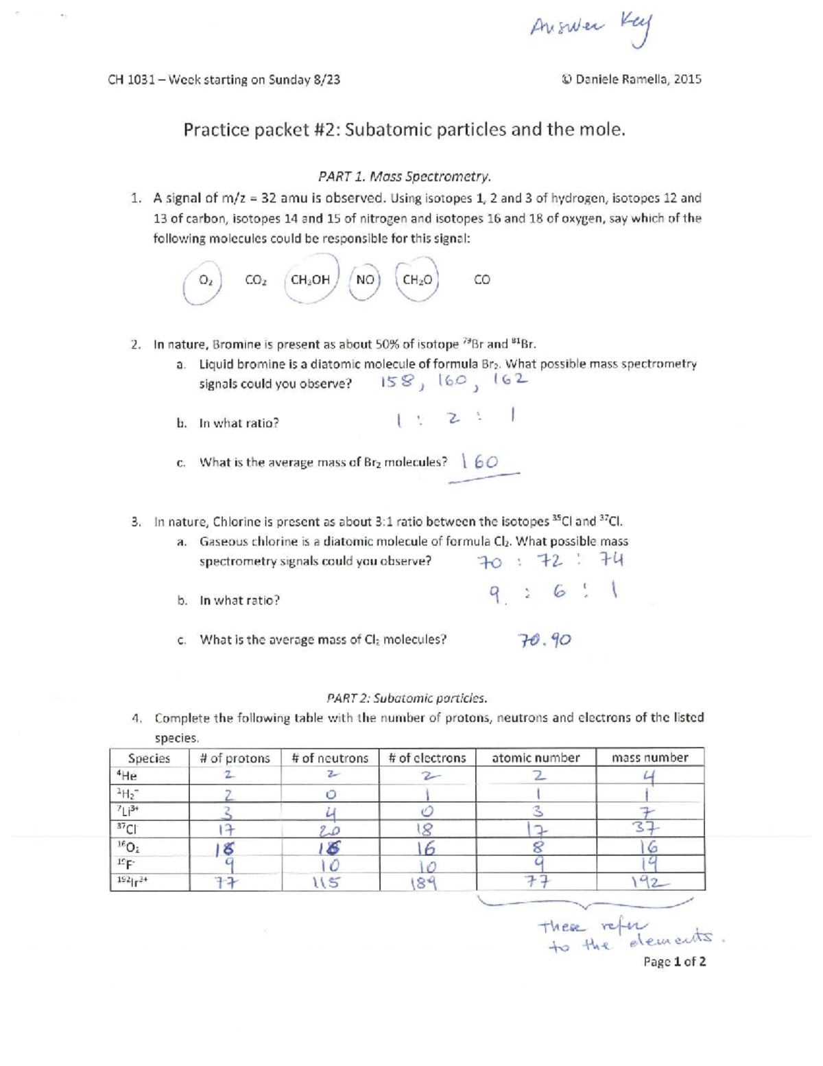 Answer Key CH 1031: Subatomic Particles, Moles & Isotopes Worksheet 2.1 ...