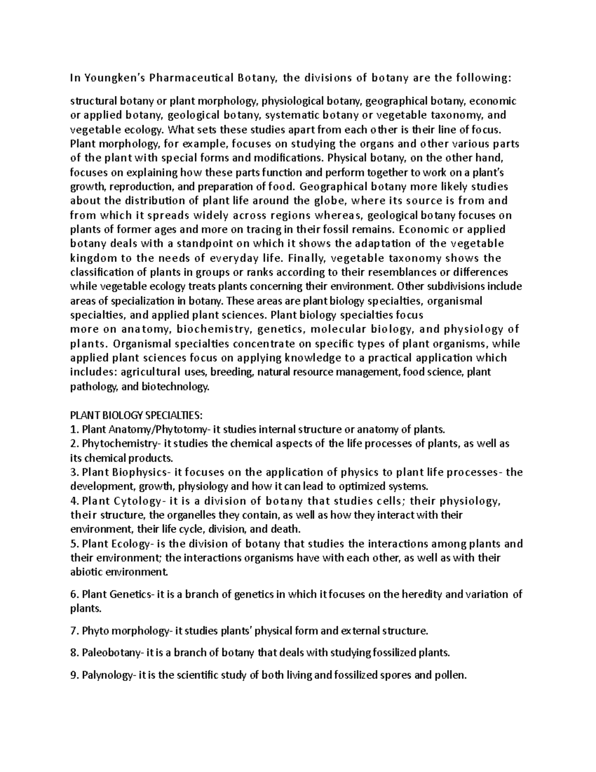 Divisions and Specialties in Botany: A Comprehensive Overview - Studocu