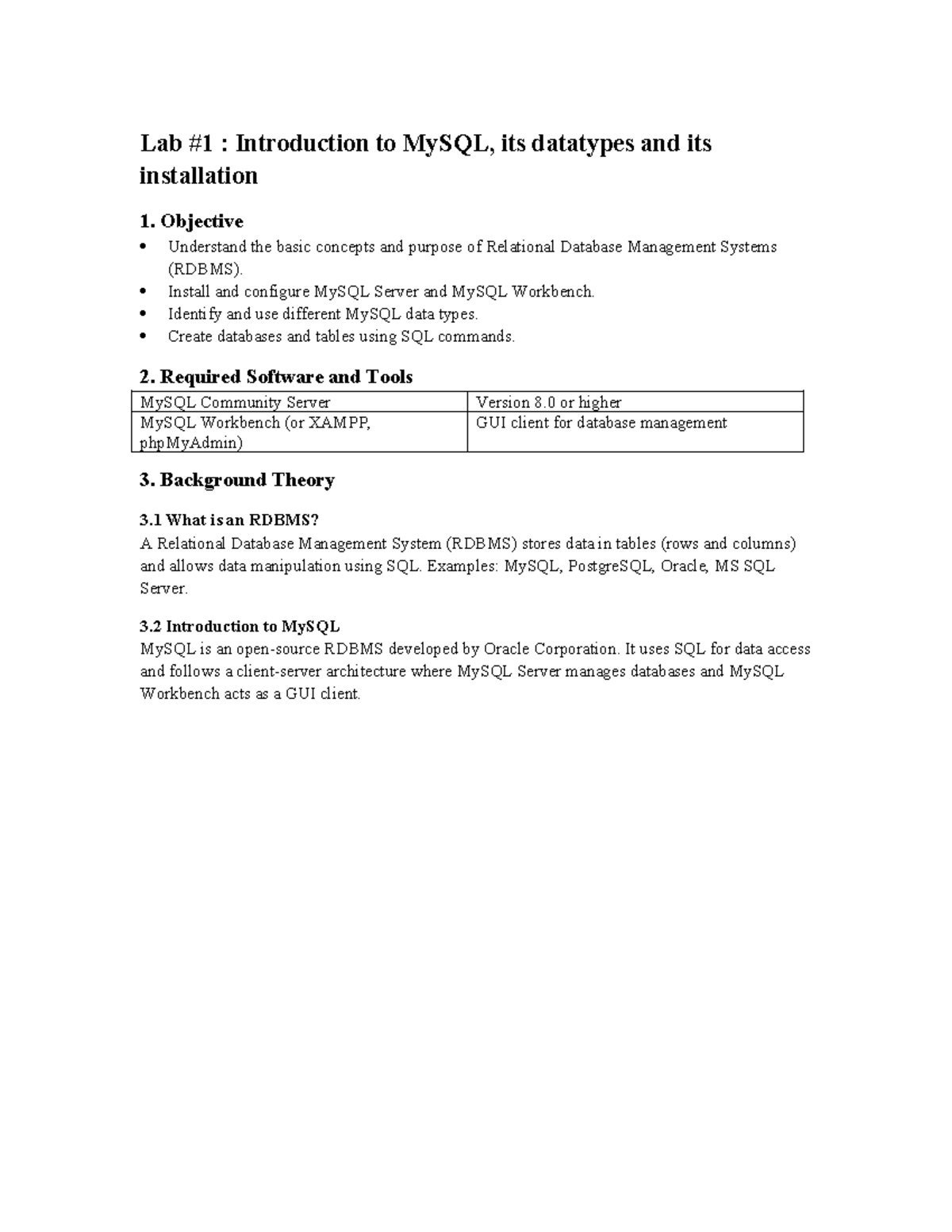 Lab Sheet 1: Intro to MySQL, Data Types & Installation Guide - Studocu