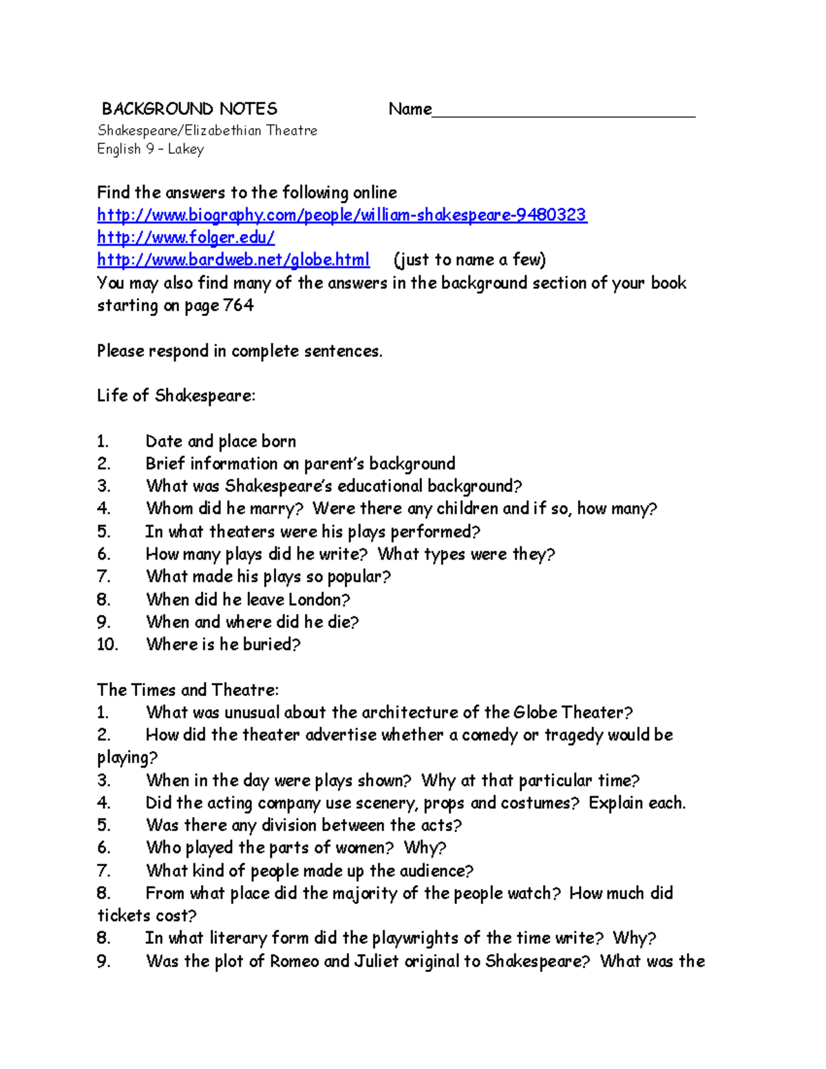 Copy of shakespeare research Webquest - BACKGROUND NOTES Name