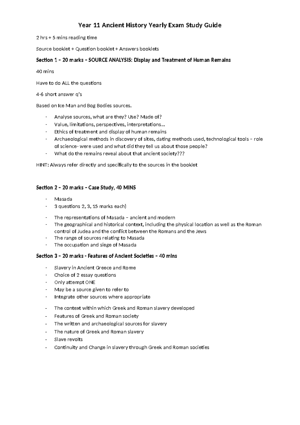 Year 11 Ancient History Final Exam Study Guide: Human Remains & Masada ...
