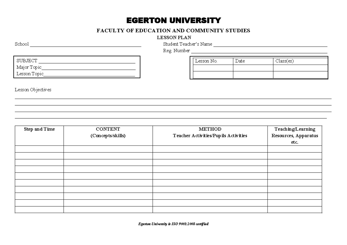 Lesson Plan - EGERTON UNIVERSITY FACULTY OF EDUCATION AND COMMUNITY ...