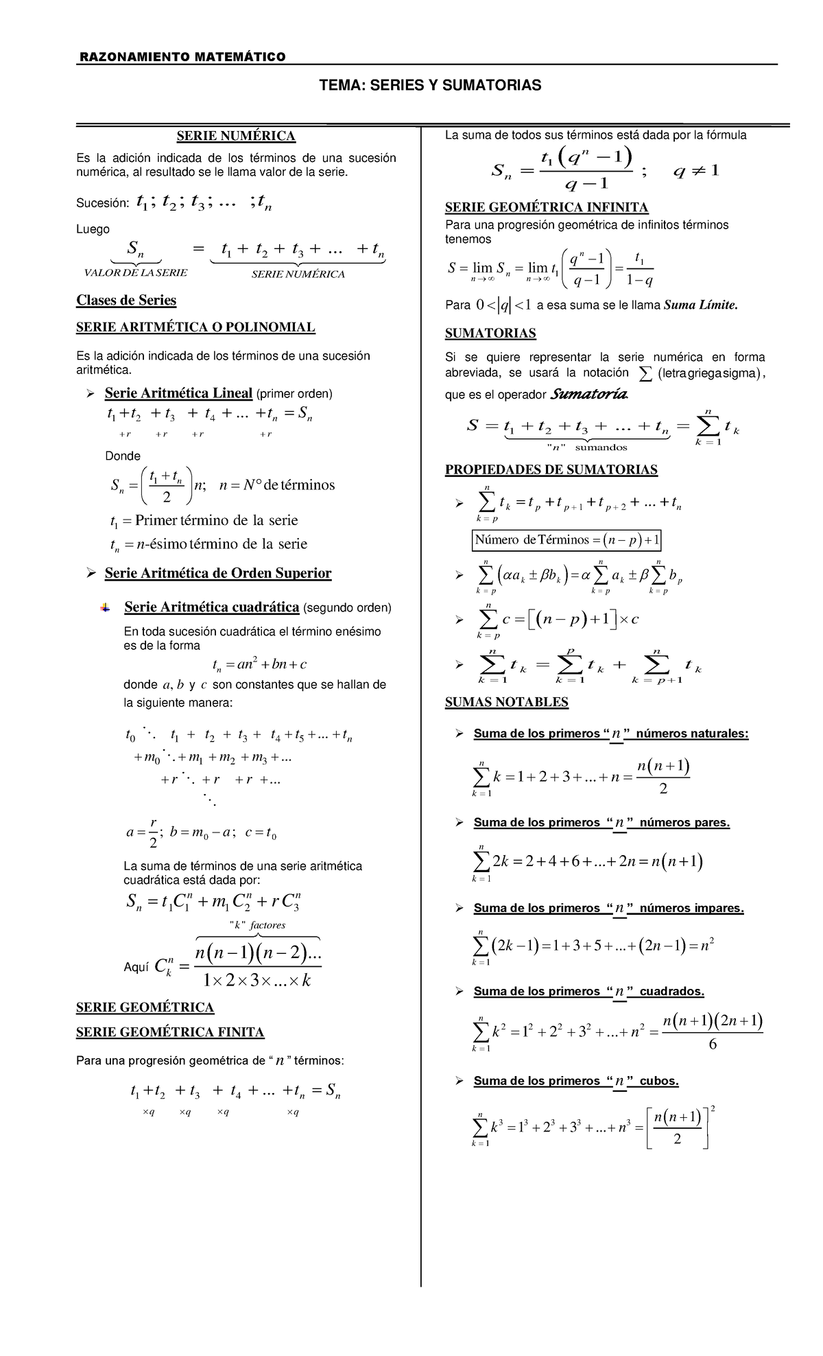 Formulas de Sumatorias - Razonamiento Matemático (MAT-101) - Studocu