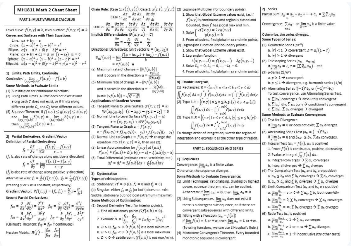 MH1811 Math 2 Cheat Sheet: Multivariable Calculus & Series Concepts ...