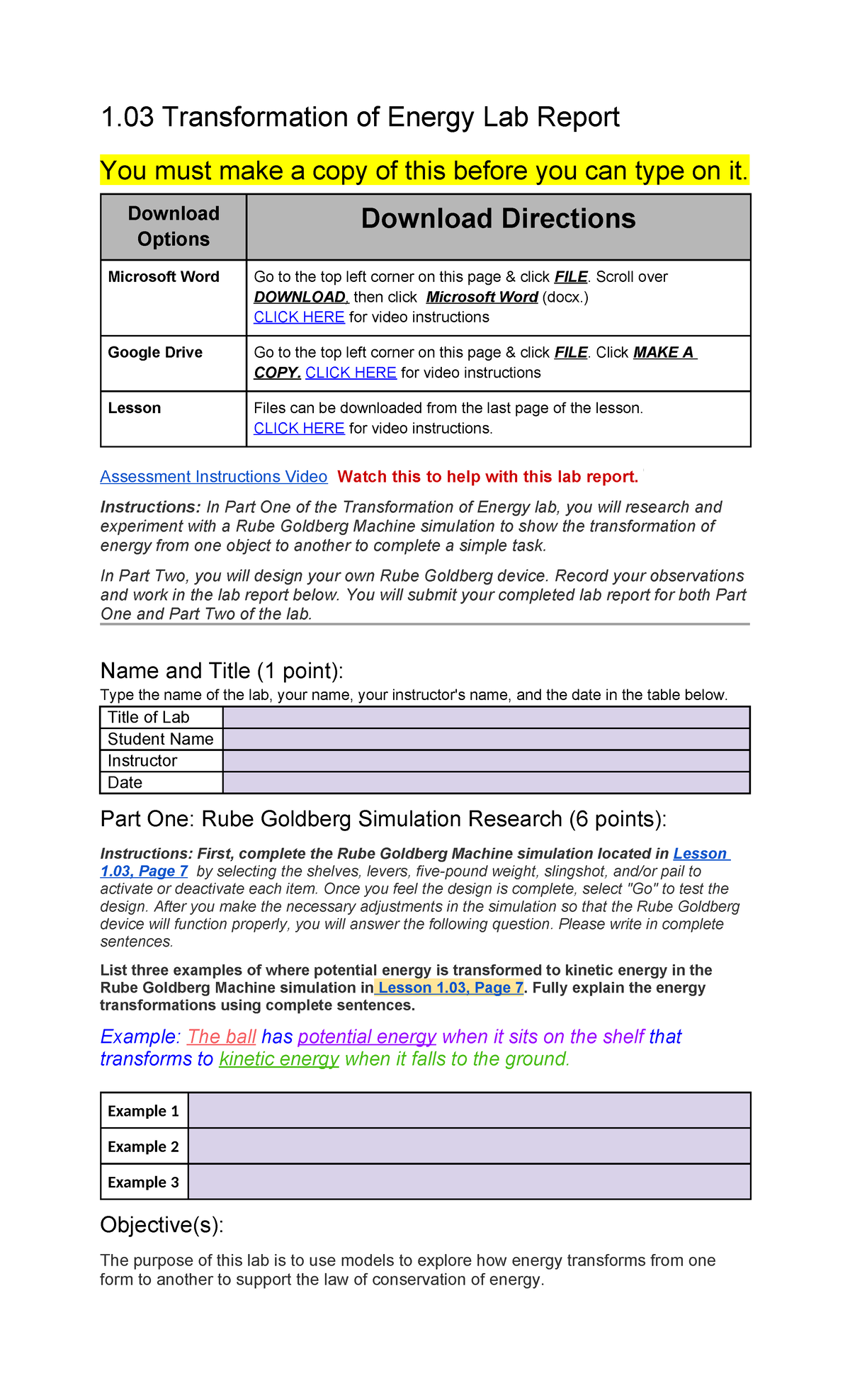 1.03 Energy Transformation Lab Report: Rube Goldberg Design ...