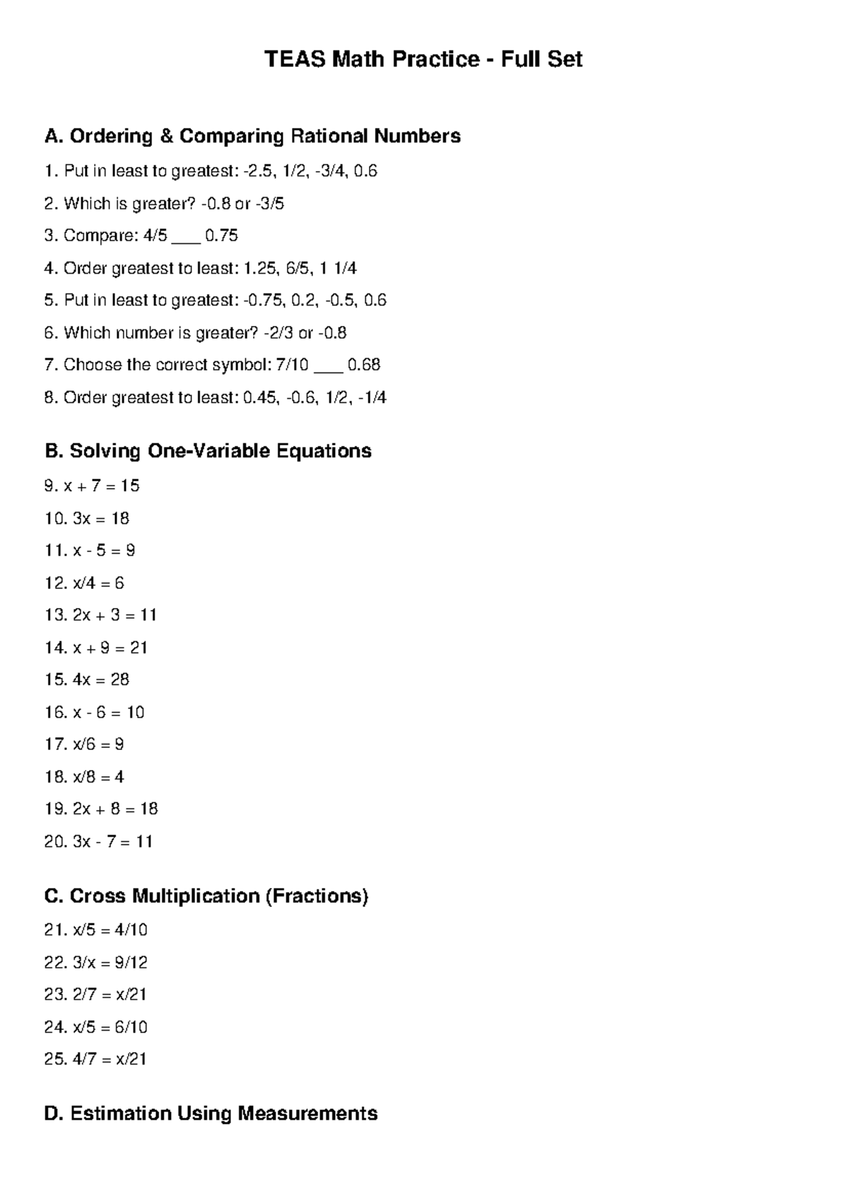 TEAS Math Practice: Ordering, Solving, and Estimation Techniques - Studocu