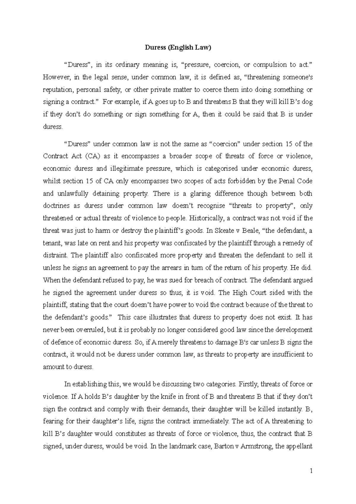 Duress in English Law: Common Law vs. Economic Duress Analysis - Studocu