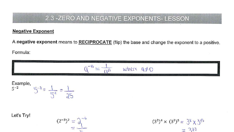 2.3 Note Solutions - Zero & Negative Exponents - Studocu